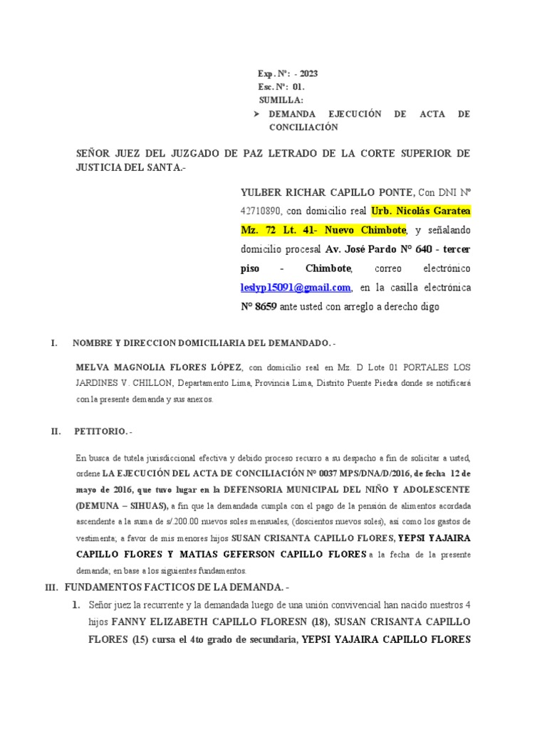Demanda Acta de Ejecucion Acta Conc. Yulber | PDF | Conflicto (proceso) | Gobierno