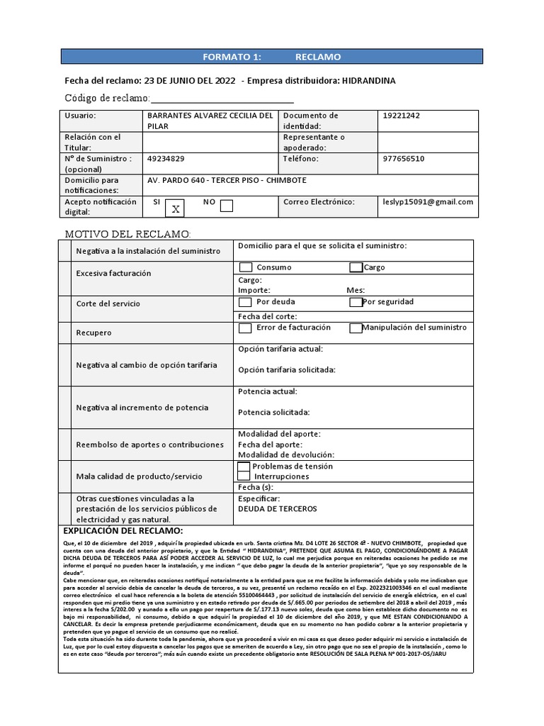 Formato Reclamo Osinergmin | PDF | Deuda
