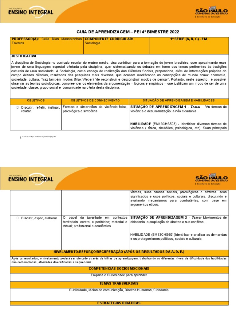 E.E. Prof. Vicente Ferreira Dos Santos: Guia de Aprendizagem - Pei 4º Bimestre 2022 | PDF ...