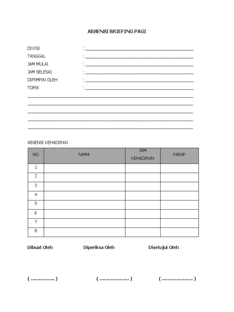 Contoh Form Absen Briefing Pagi | PDF