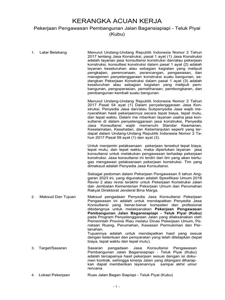 KAK Pengawasan Pembangunan Jalan Bagansiapiapi Teluk Piyai Kubu | PDF | Teknologi & Rekayasa