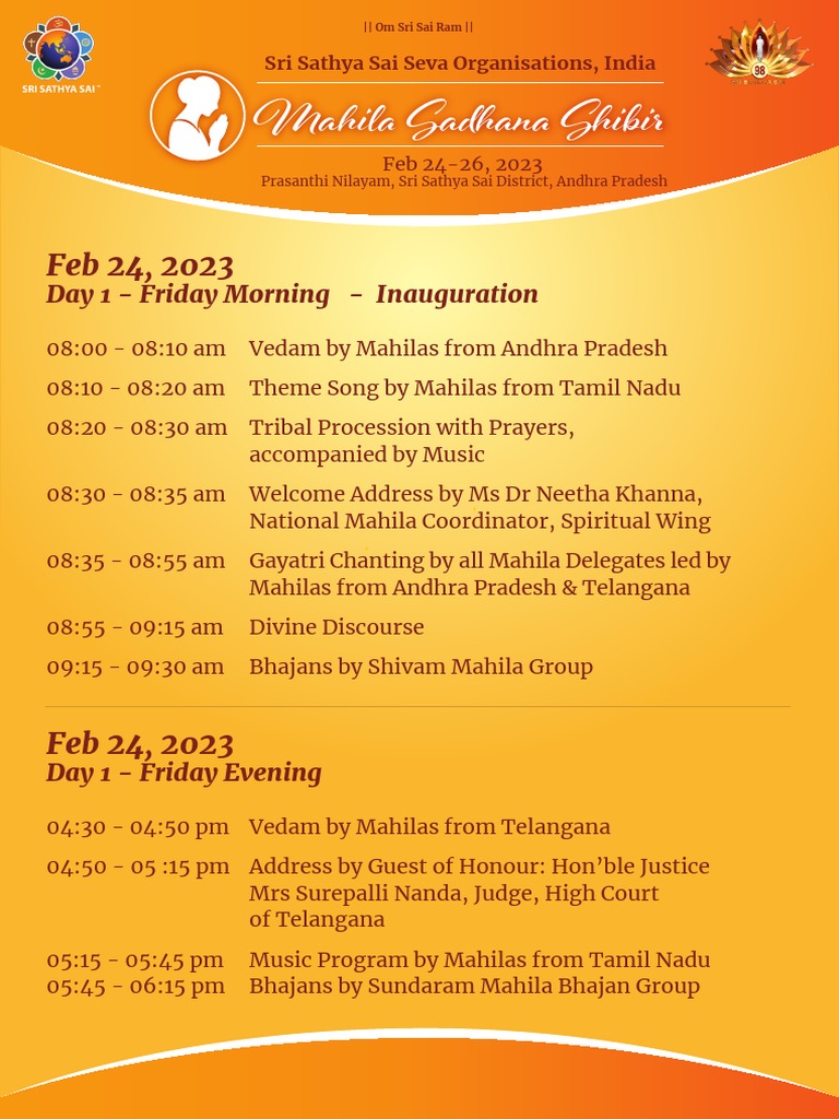 Mahila Sadhana Shibir 2023 Schedule | PDF | Sathya Sai Baba