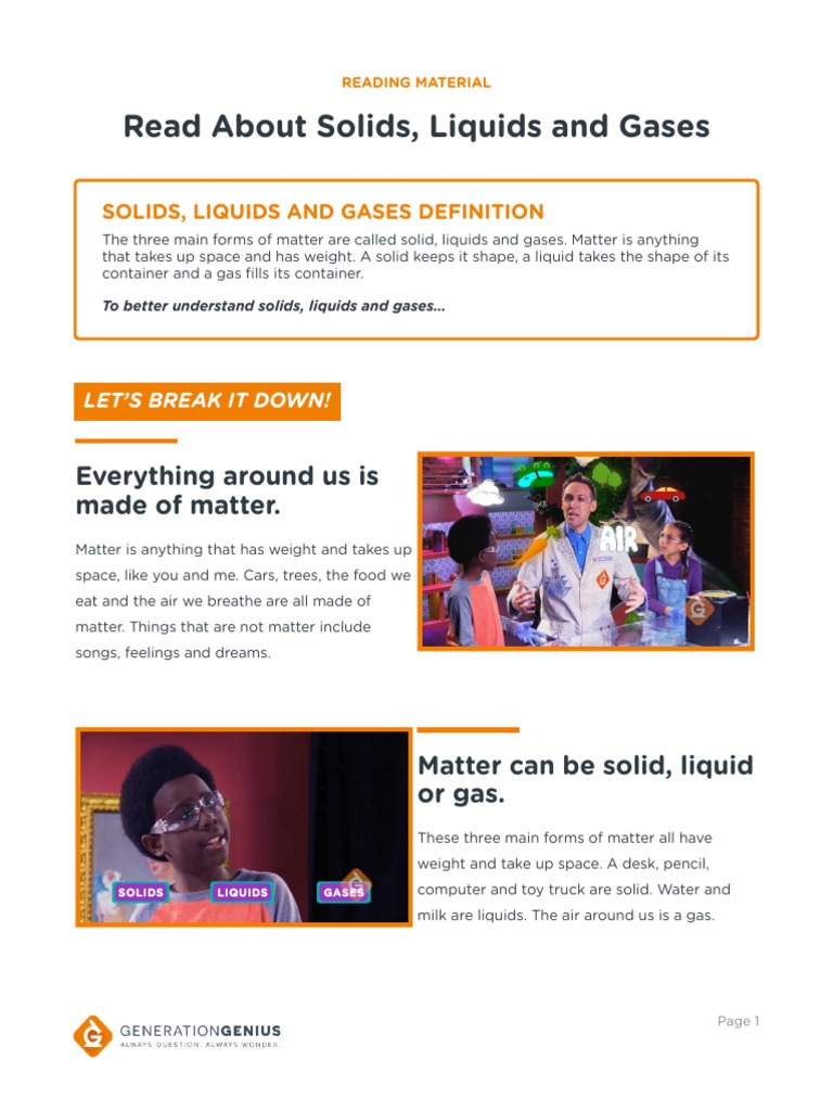 Solids Liquids and Gases Reading Material Grades K 2 | PDF | Liquids ...