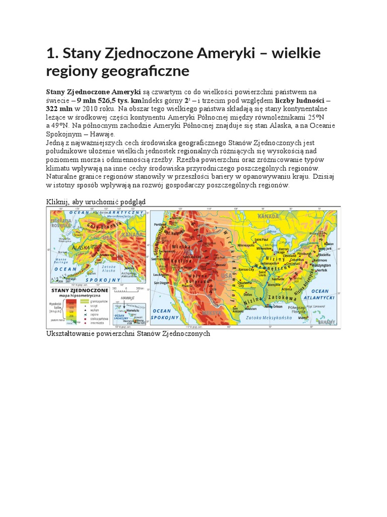 Stany Zjednoczone Ameryki - Wielkie Regiony Geograficzne | PDF