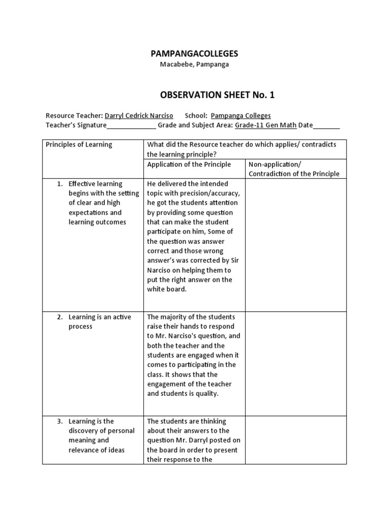 Observation-Sheet-1 JIM | PDF | Learning | Teachers