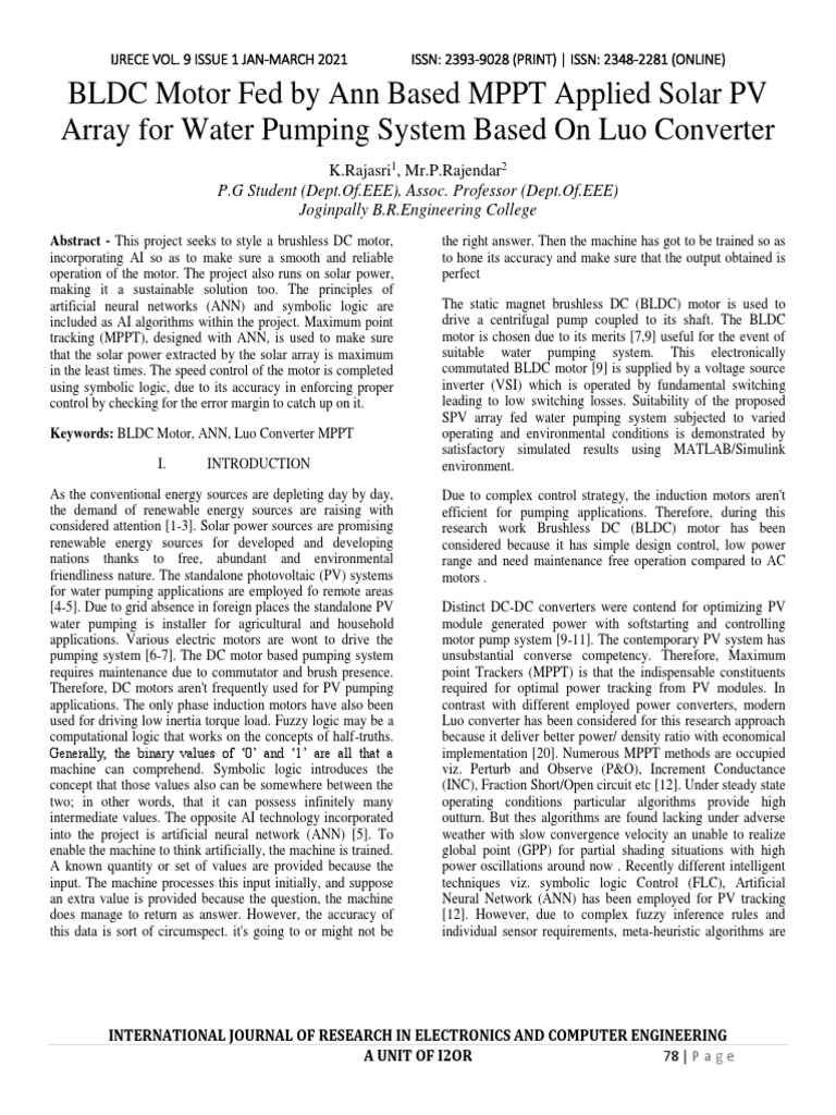 BLDC Motor Fed by Ann Based MPPT Applied Solar PV Array For Water Pumping System Based On Luo ...