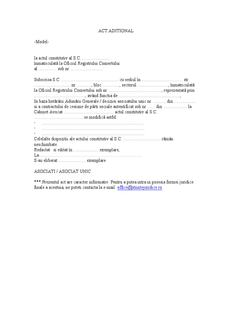 Act Aditional - SRL Cu Asociat Unic | PDF