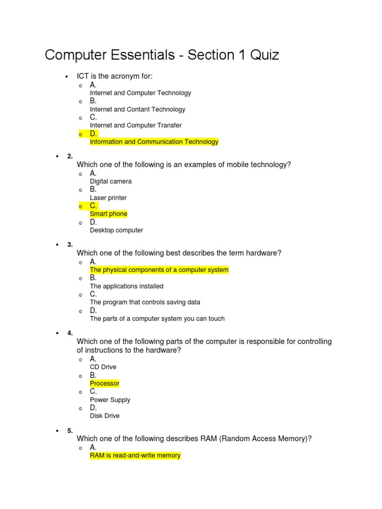 ICDL Computer Essentials - Answer-1 | PDF | Computer Data Storage | Computer Hardware