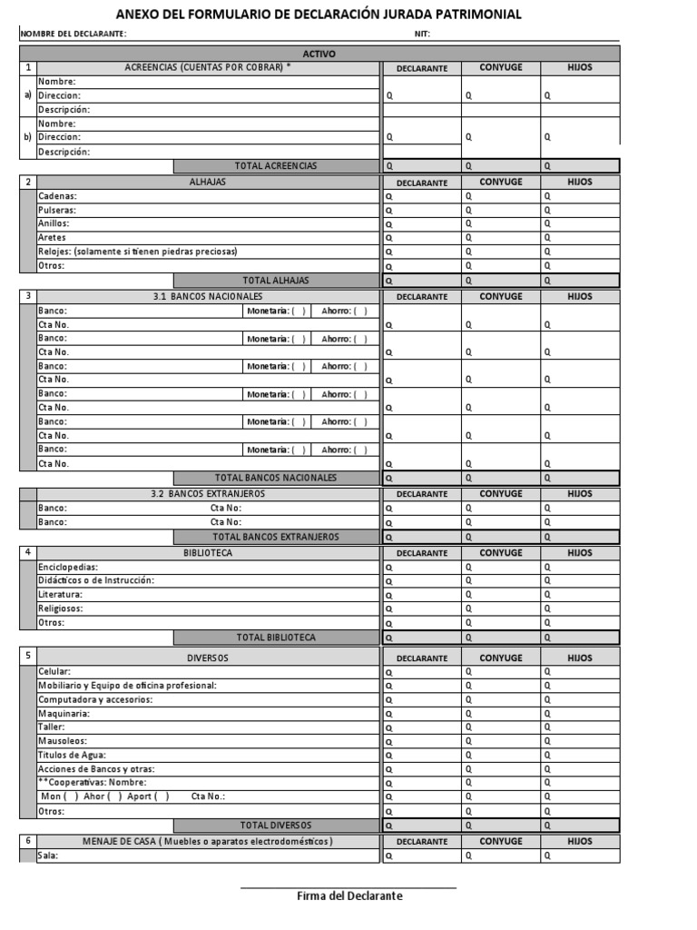 Declaración jurada de bienes y activos | PDF | Finanzas personales | Dinero