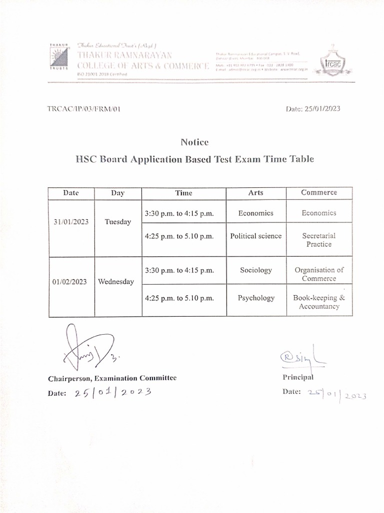 HSC Board ABT Test Exam Time Table PDF | PDF