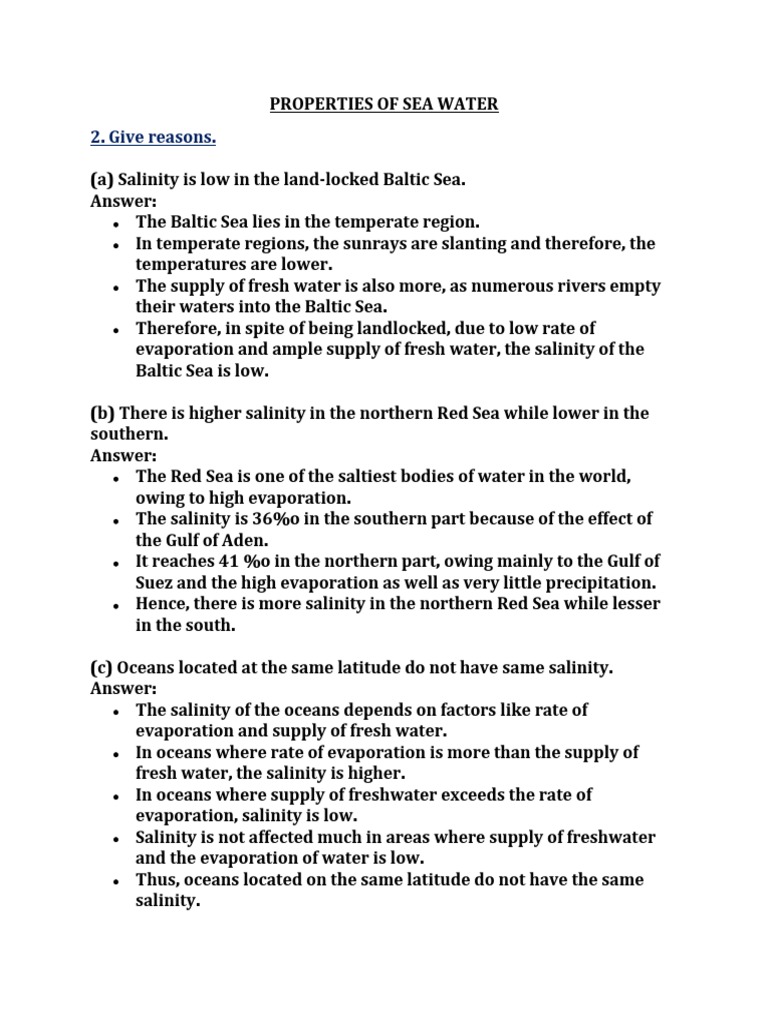 Properties of Sea Water - Question Answers | PDF | Sea | Seawater