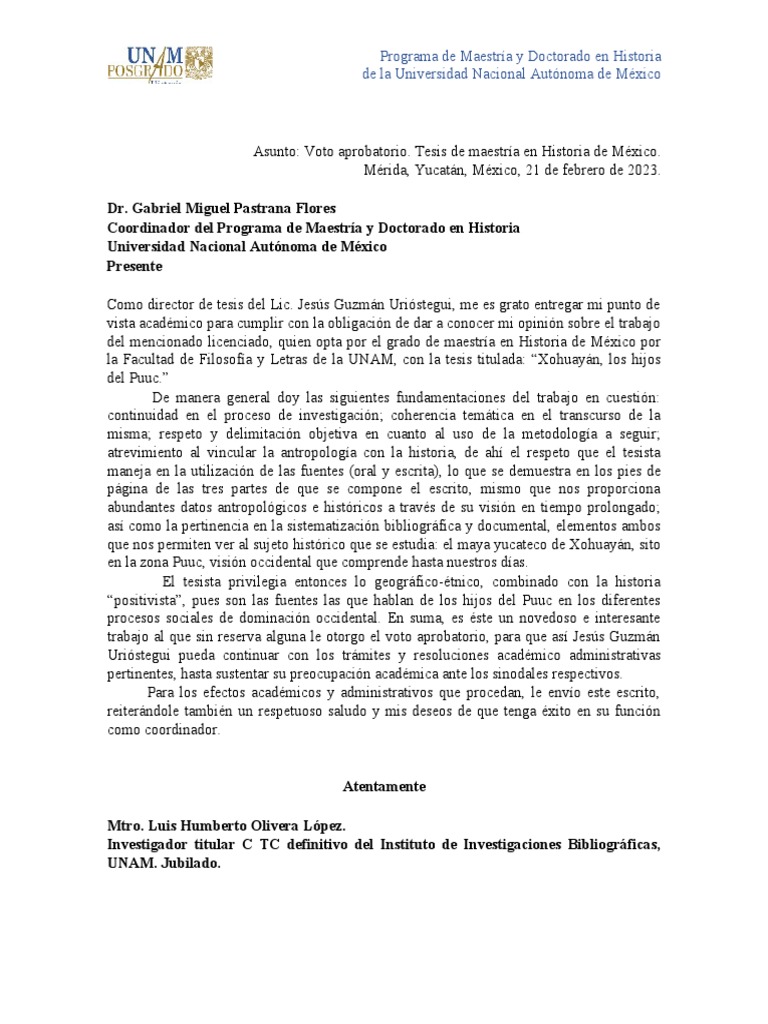 Voto aprobatorio tesis maestría historia México Xohuayán hijos Puuc ...