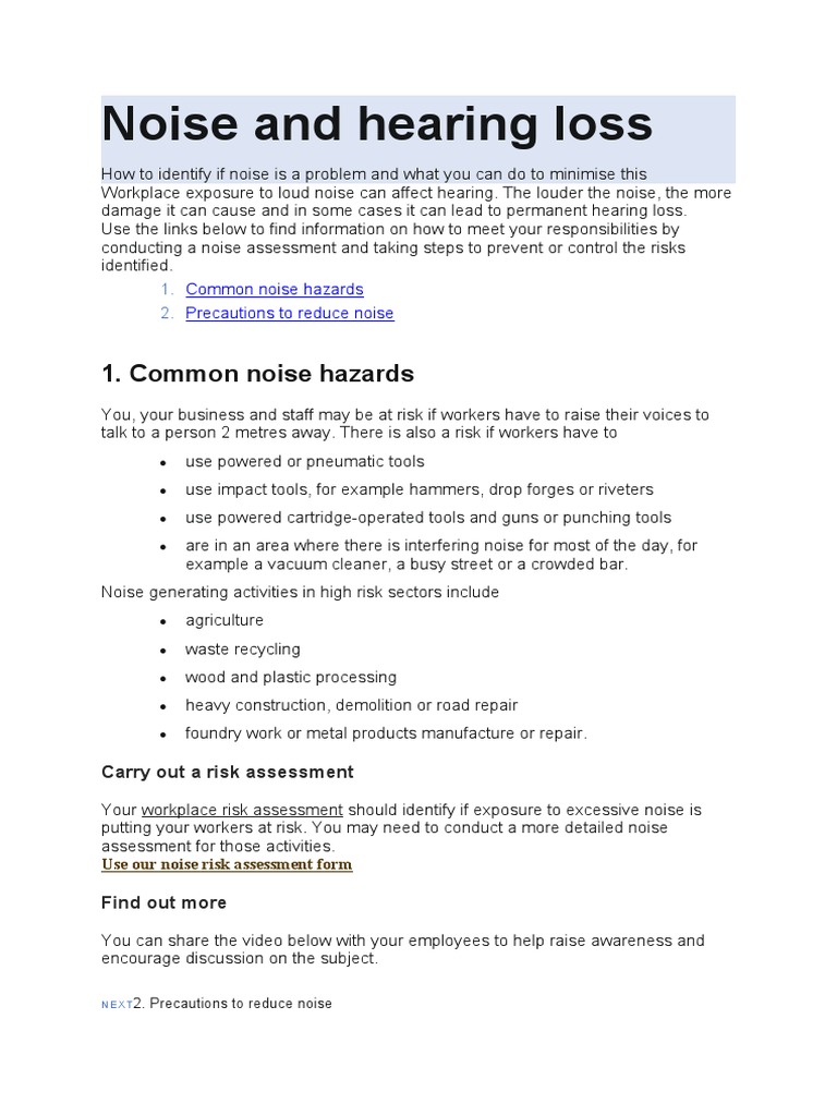Noise and Hearing Loss | PDF | Hearing Loss | Occupational Safety And ...