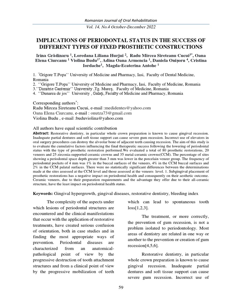 Implications of Periodontal Status in The Success of Different Types of Fixed Prosthetic ...