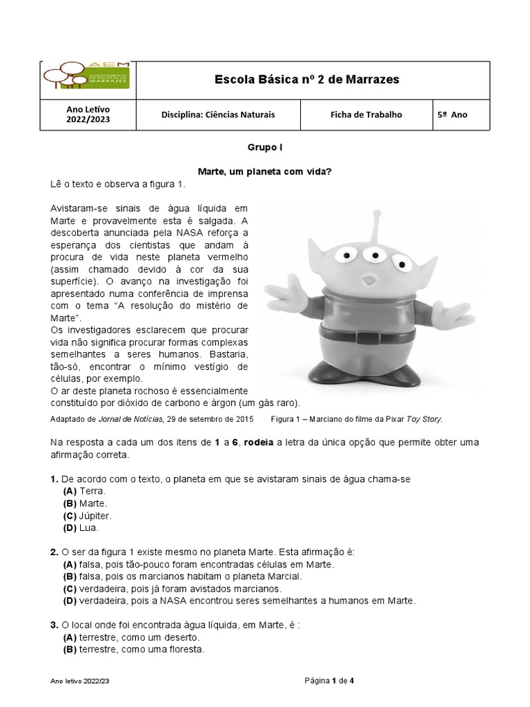 Ficha Avaliação Diagnostica CN5 | PDF | Marte | Planetas