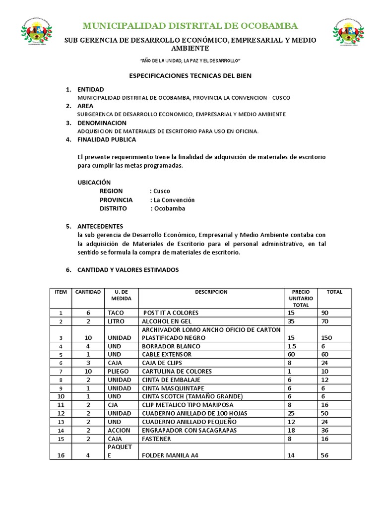 Especificaciones Tecnicas Del Bien - Utiles de Escritorio - MODELO ... Especificaciones Tecnicas Del Bien - Utiles de Escritorio - MODELO ...
