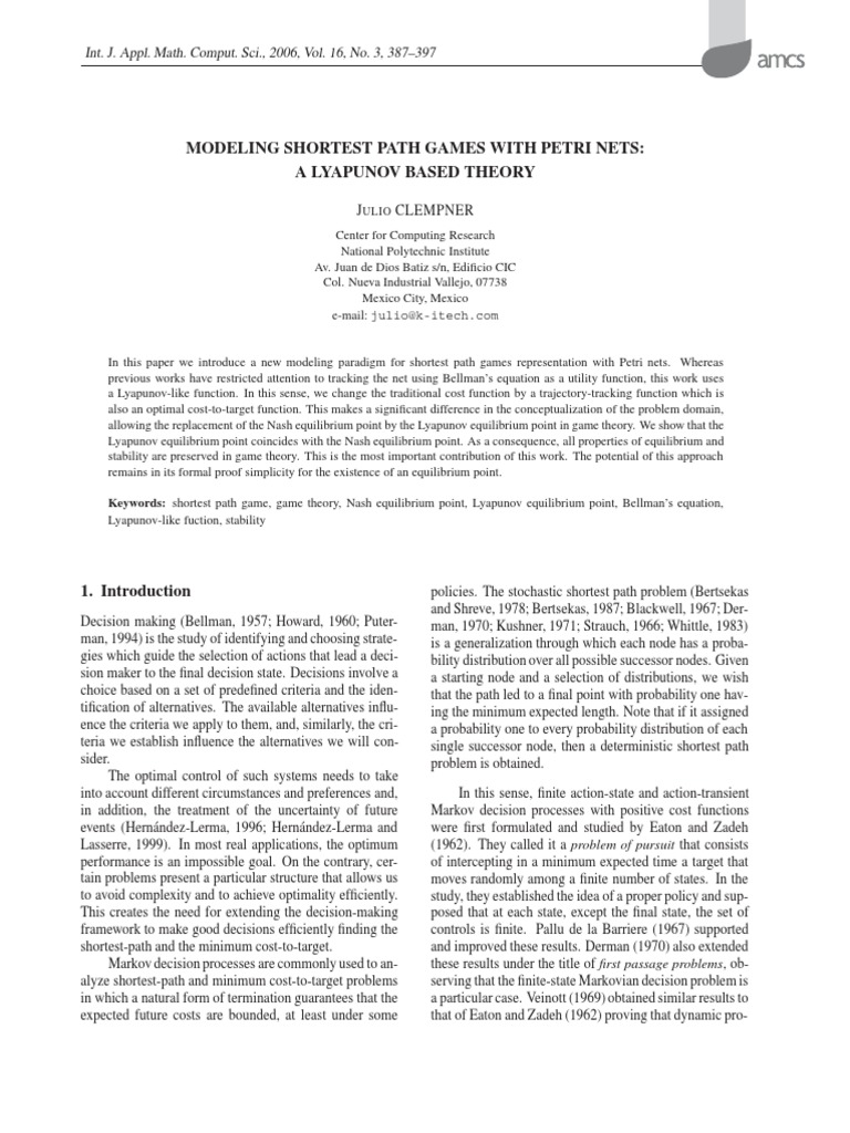 Modelling Shortest Path Games With PN A Lyapunov Based Theory | PDF ...