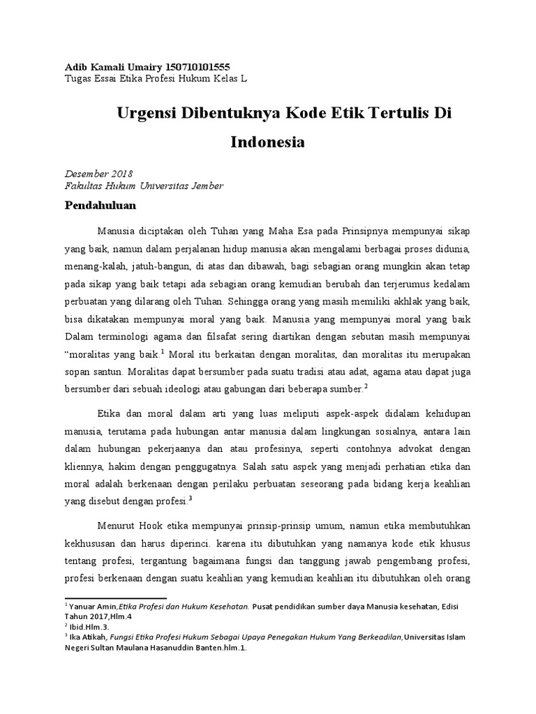 Adib Kamali Umairy - 150710101555 Essai Etika Profesi Hukum - Urgensi Kode Etik Tertulis - Tgs ...