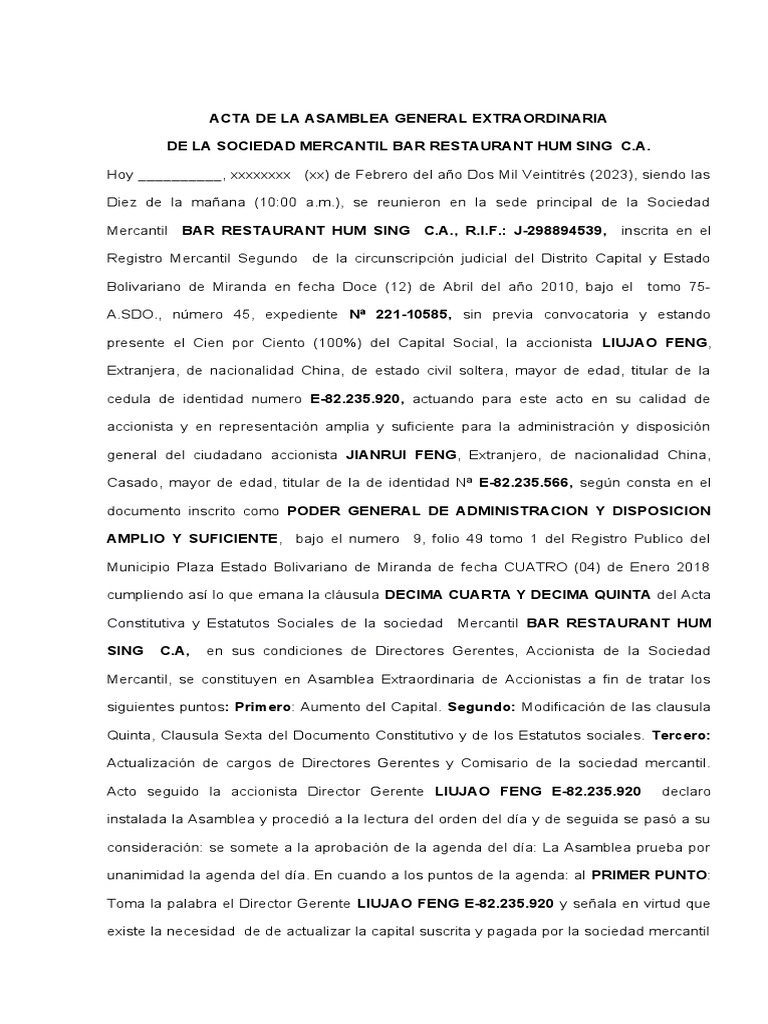 Modelo Acta de Asamblea Aumento de Capital y Cambio de Objeto | PDF Modelo Acta de Asamblea Aumento de Capital y Cambio de Objeto | PDF