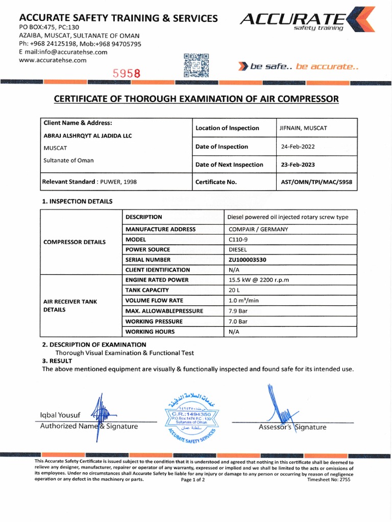 Certificate TPI Air Compressor Feb22 Abraj | PDF