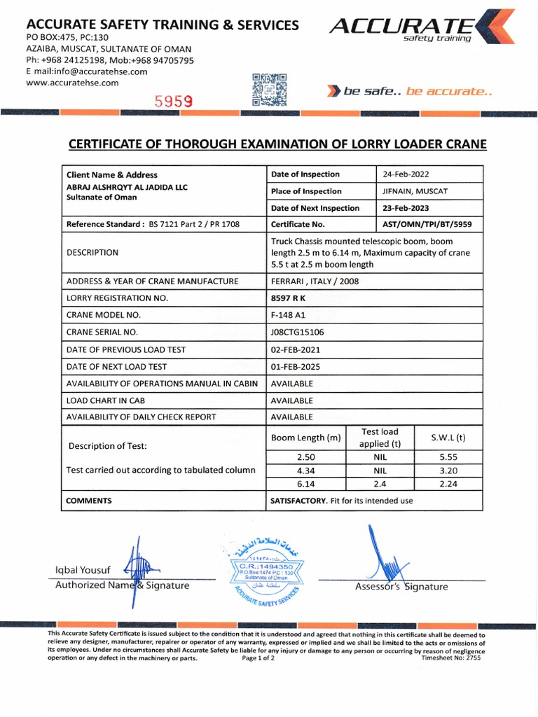 Certificate TPI HIAB 8597 RK Feb22 Abraj | PDF | Crane (Machine) | Truck