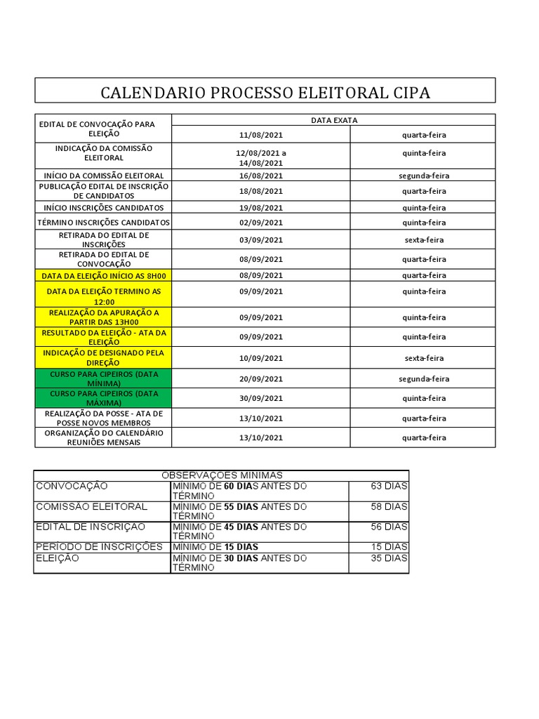 Calendário Eleitoral CIPA | PDF | Eleições | Eventos políticos Calendário Eleitoral CIPA | PDF | Eleições | Eventos políticos
