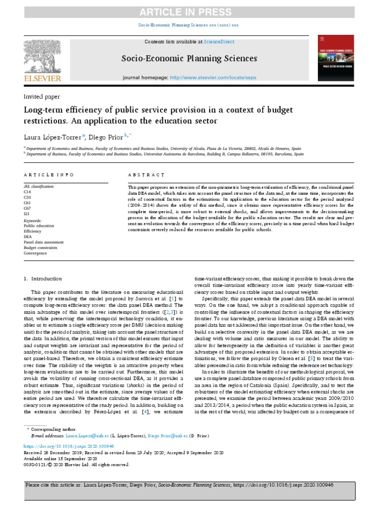 Long-Term Efficiency of Public Service Provision in A Context of Budget ... Long-Term Efficiency of Public Service Provision in A Context of Budget ...