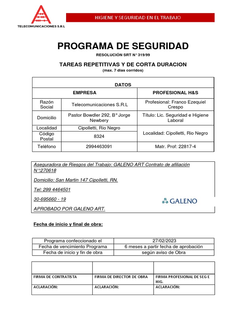 Programa de Seguridad e Higiene para tareas repetitivas y de corta ...