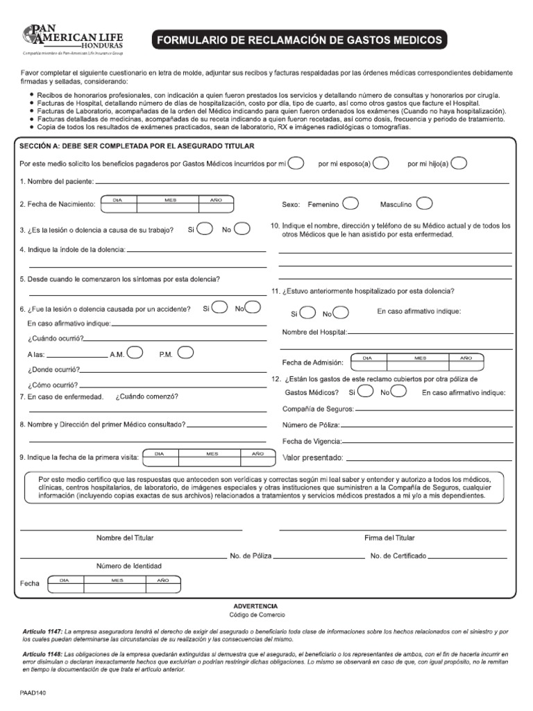 Formulario de Reembolso Gastos Médicos PALIC PDF | PDF