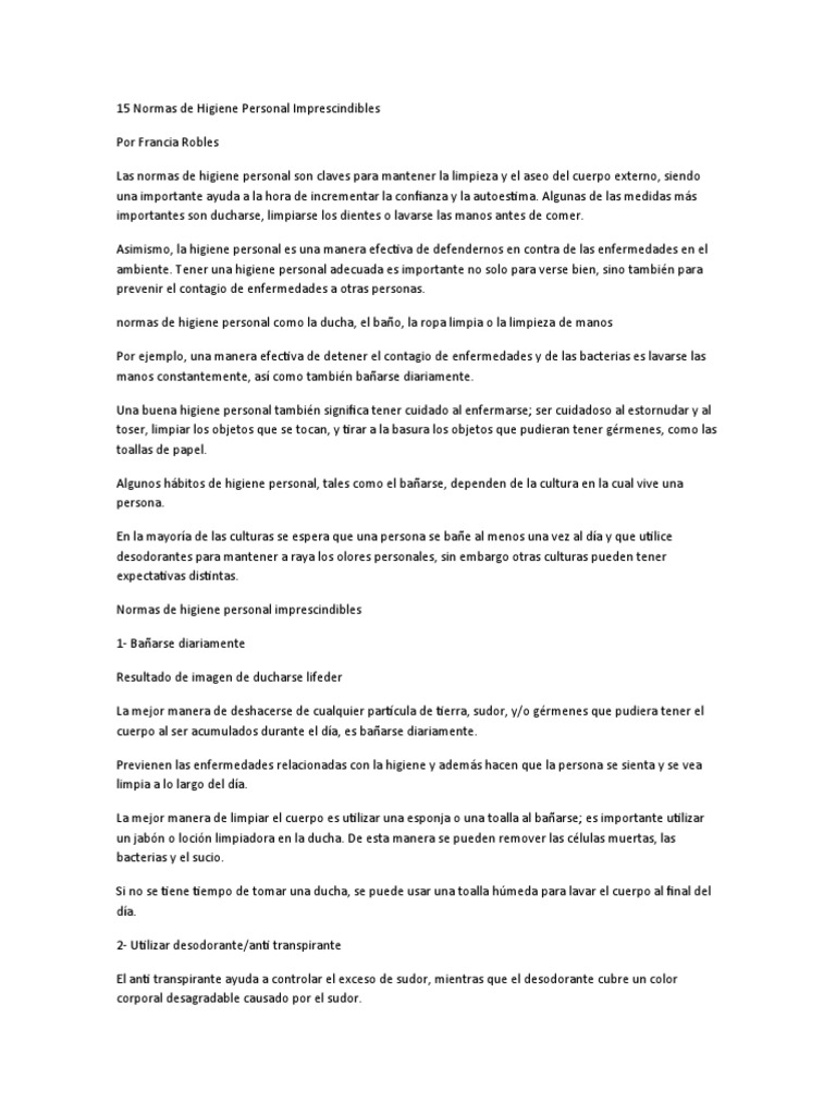 15 Normas de Higiene Personal Imprescindibles | Descargar gratis PDF ...