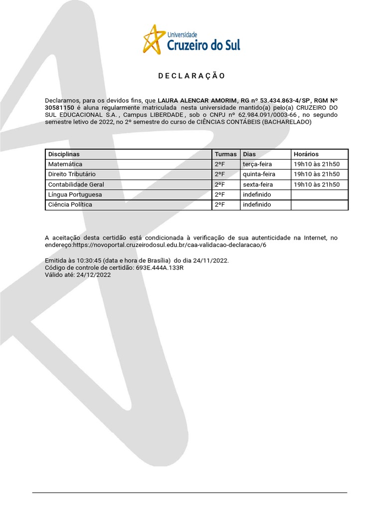 Declaracao de Matricula PDF | PDF