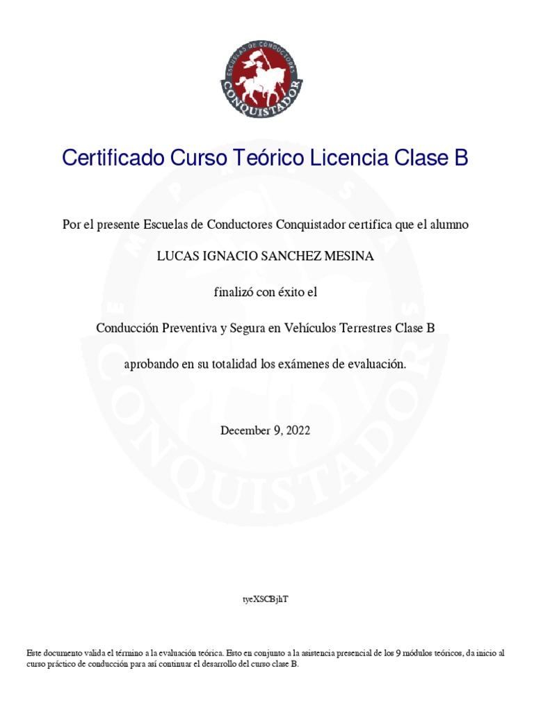 Clase - B - Certificado Curso Teórico Licencia Clase B | PDF