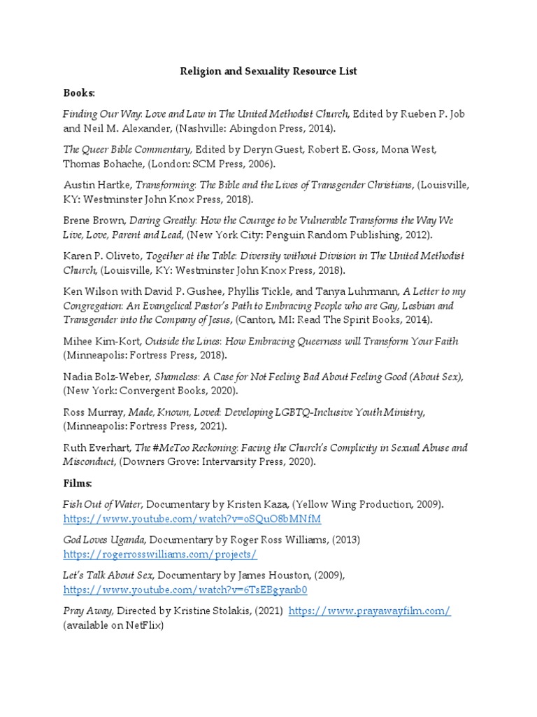 Religion and Sexuality Resource List | PDF | Methodism Religion and Sexuality Resource List | PDF | Methodism
