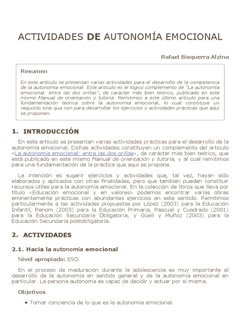 Actividades de Autonomía Emocional | PDF | Las emociones | Maestros