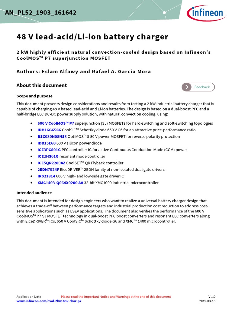 Infineon Applicationnote Eval 2kw 48v Char P7 2kw Battery Charger Coolmos Applicationnotes V01