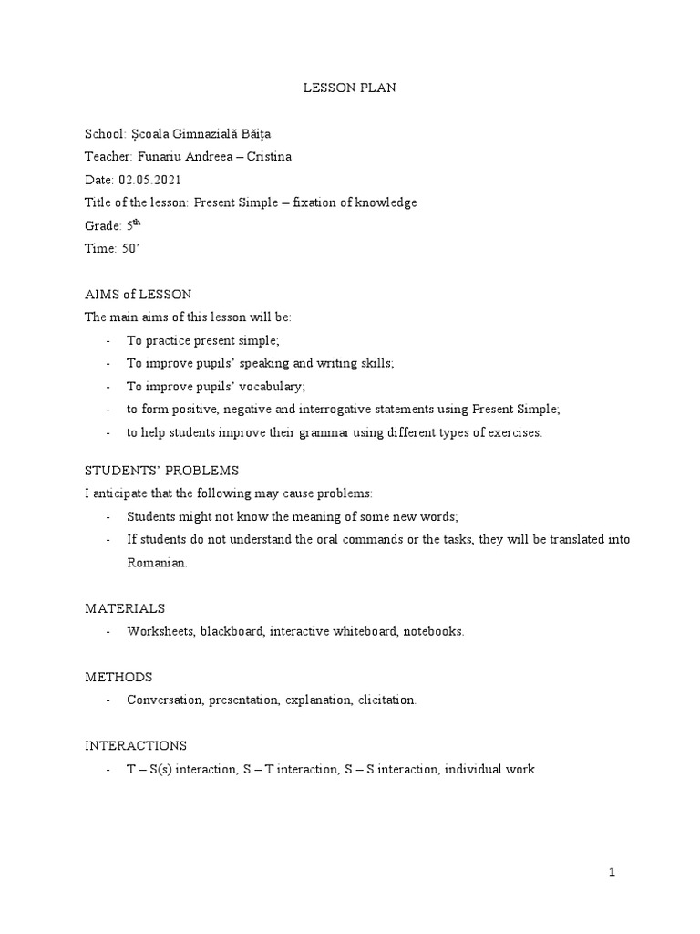 LESSON PLAN Present Simple 5th Grade | PDF | Teachers | Lesson Plan