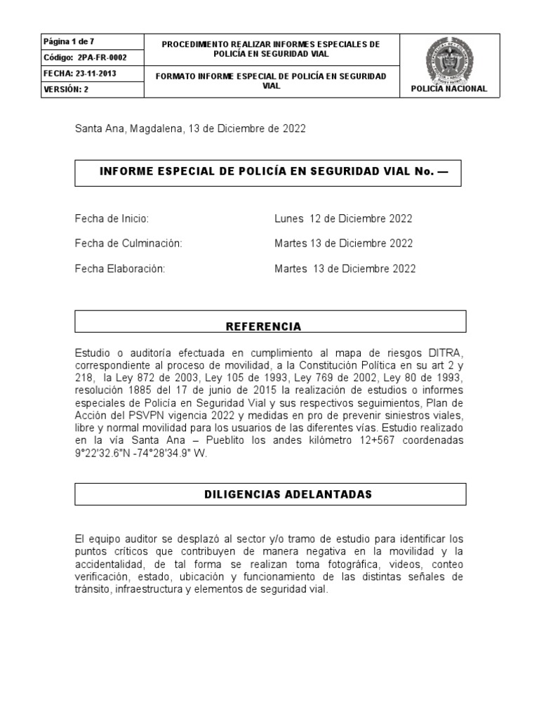 Informe Especial de Policia en Seguridad Vial CV 4 Diciembre Santa Ana ...
