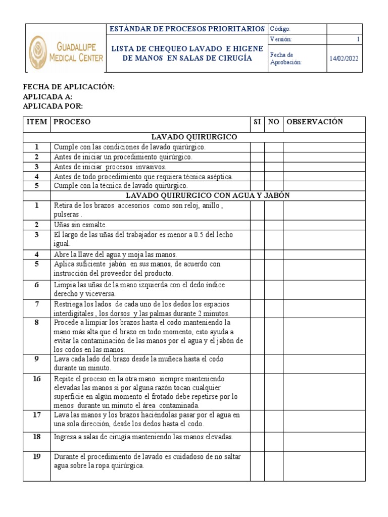 Lista de Chequeo Lavado Higene de Manos en Salas de Cirugía | PDF | Mano