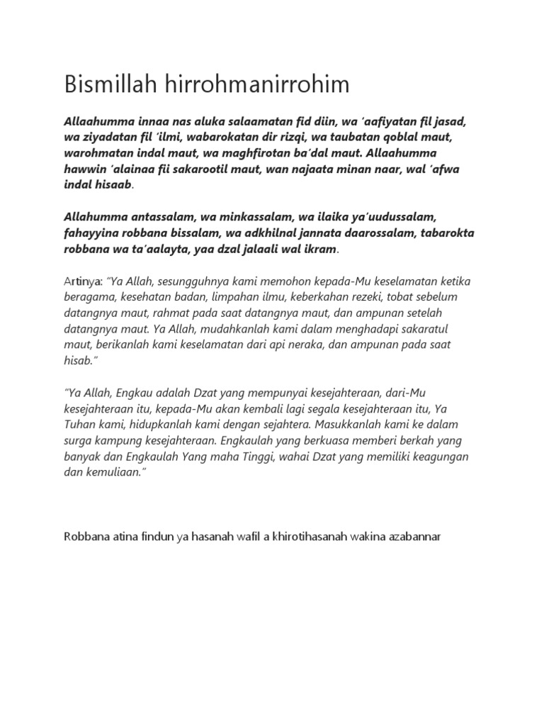 Bismillah Hirrohmanirrohim: Artinya: "Ya Allah, Sesungguhnya Kami Memohon Kepada-Mu Keselamatan ...