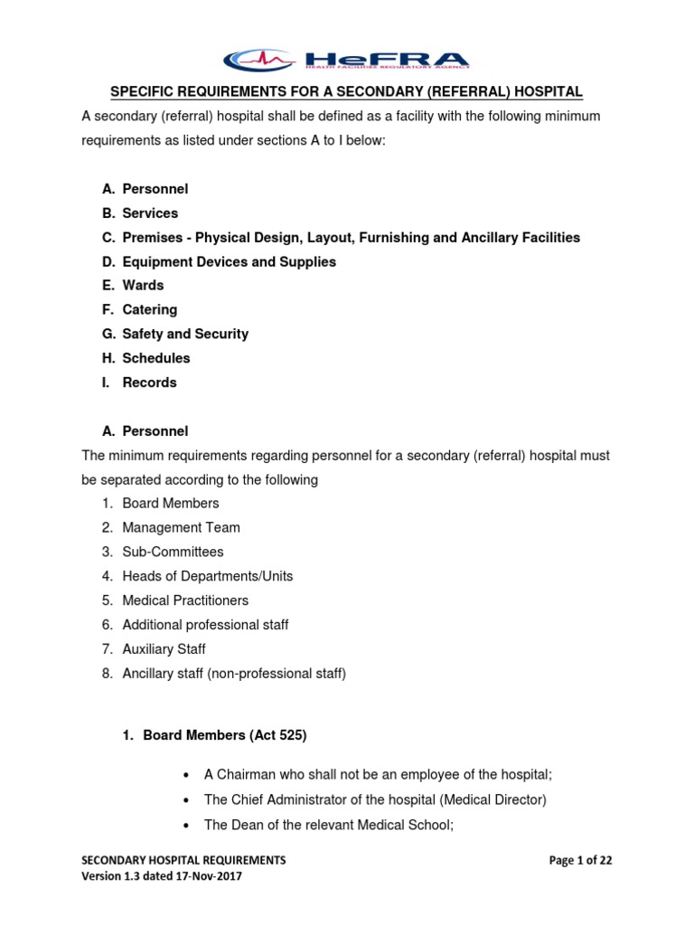 Specific Requirements For A Secondary Hospital V1.3 PDF | PDF | Nursing ...