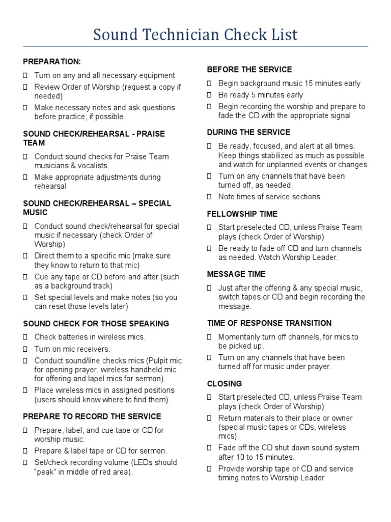 Church Sound Technician Checklist | PDF | Microphone | Sound