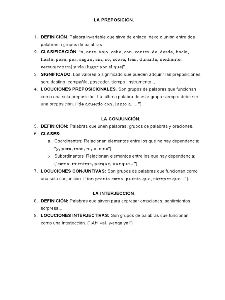 Esquema de Preposiciones, Conjunciones e Interjecciones. | PDF
