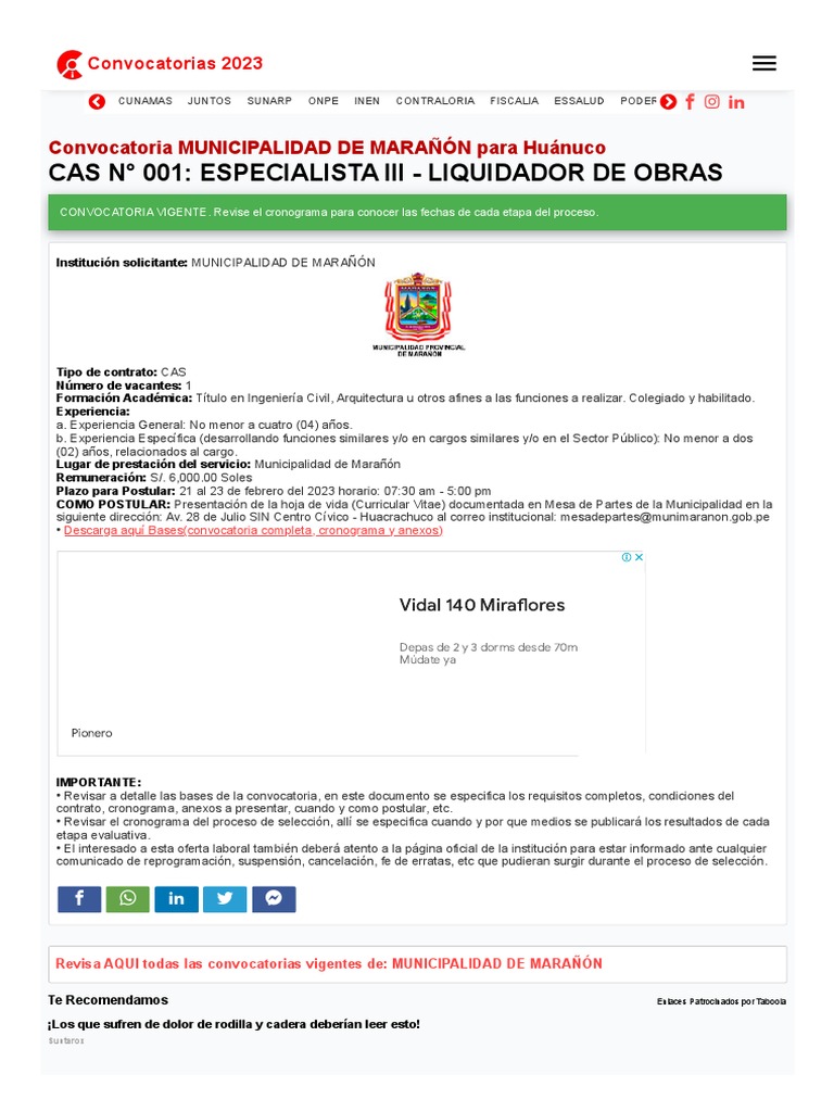 MUNICIPALIDAD DE MARAÑÓN - Convocatoria CAS #001 - ESPECIALISTA III ... MUNICIPALIDAD DE MARAÑÓN - Convocatoria CAS #001 - ESPECIALISTA III ...