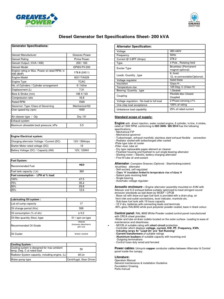 Greaves 200 Kva Generator Set PDF | PDF | Diesel Engine | Engines