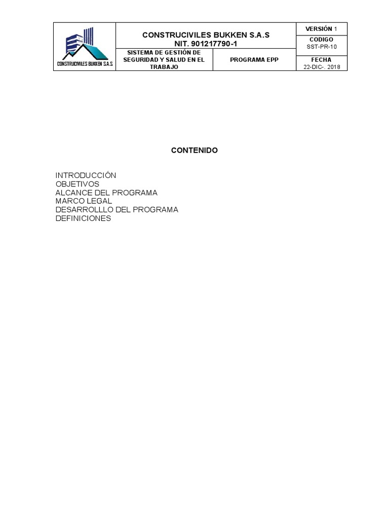 Documento Programa EPP | PDF | Seguridad y salud ocupacional | Valores