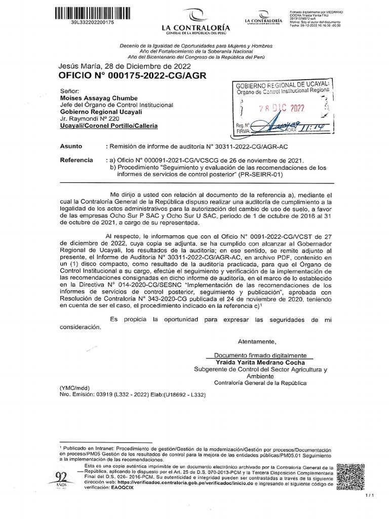 CARGO OCI GOREU - Oficio #175-2022-AGR | PDF