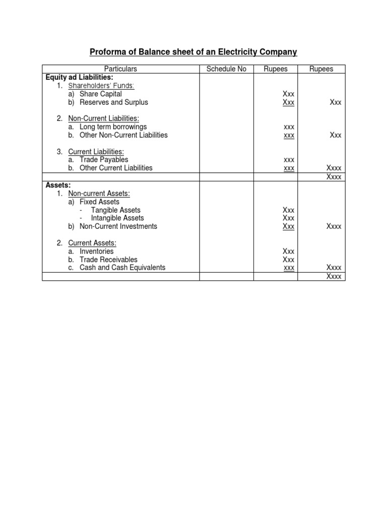 Electricity Company Balance Sheet Format | PDF