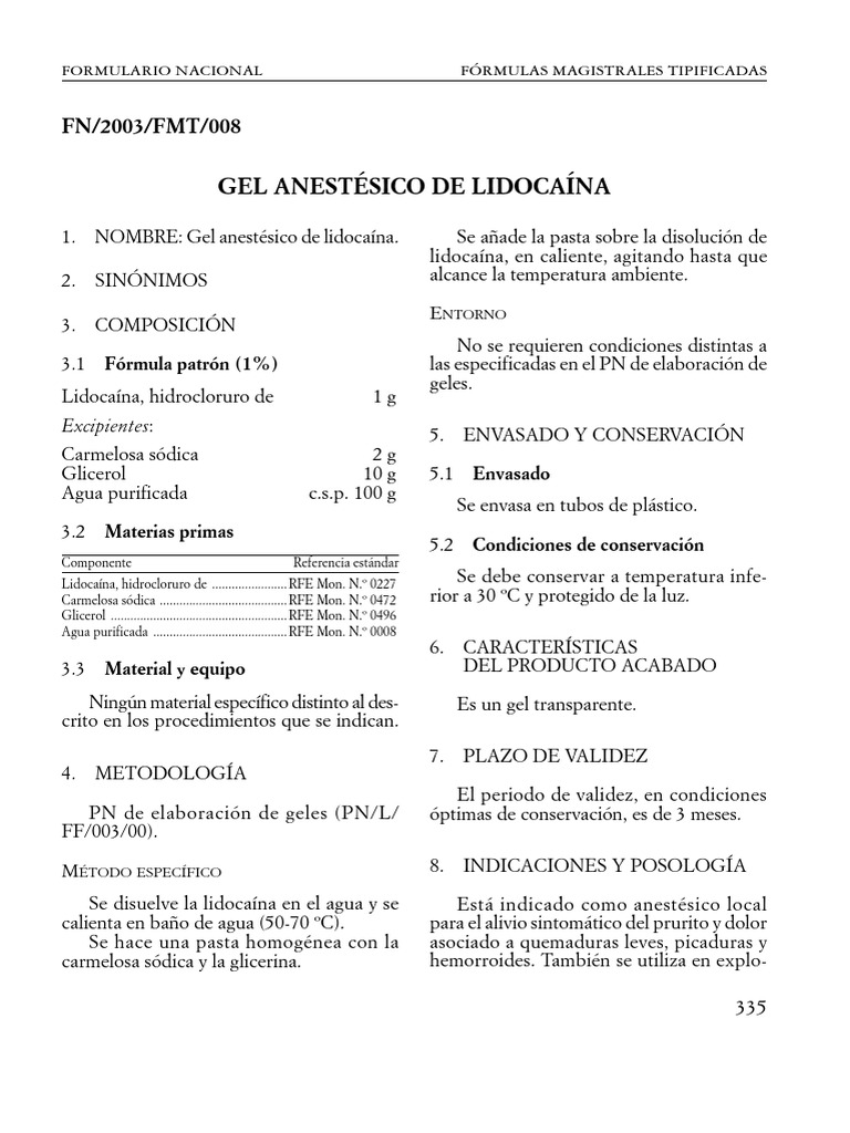 Gel Anestésico de Lidocaína: Composición y Uso | PDF | Medicamentos con receta | Alergia