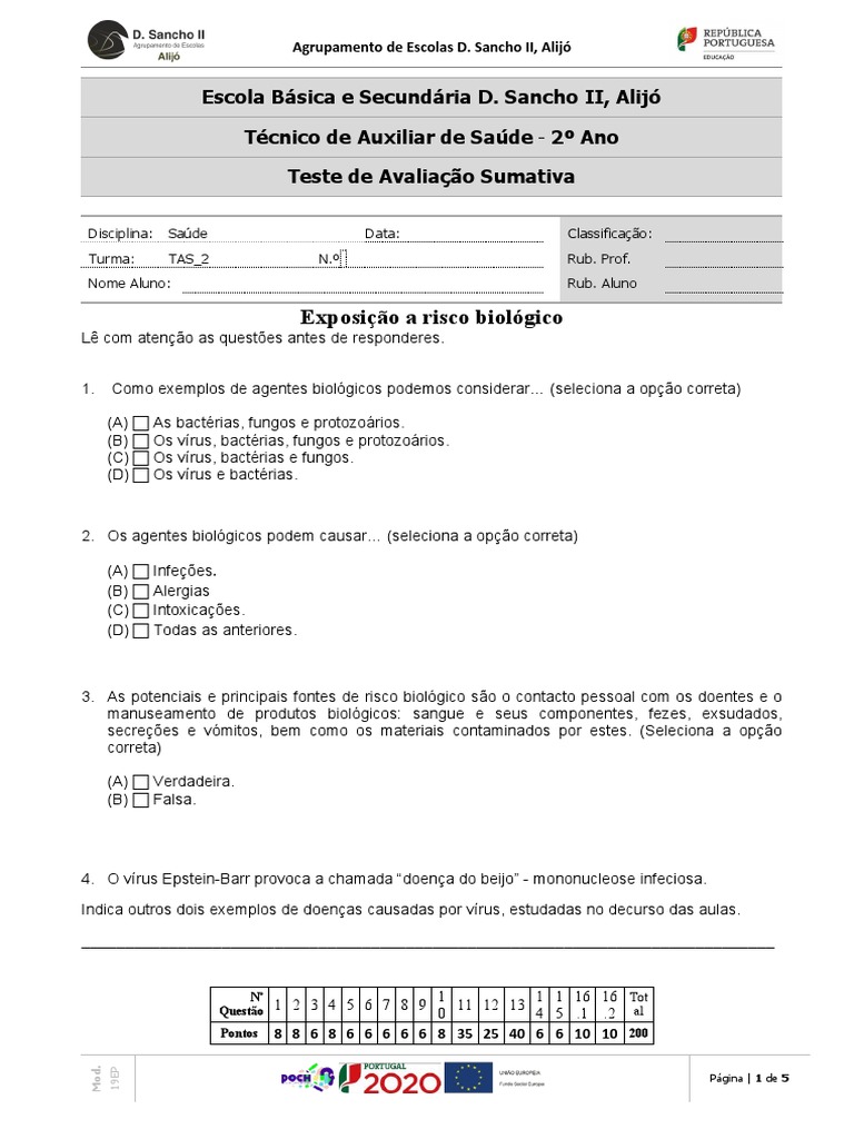 Teste UFCD 6562 Exposição Risco Biológico - Potenciais Alvos de Infeção ...