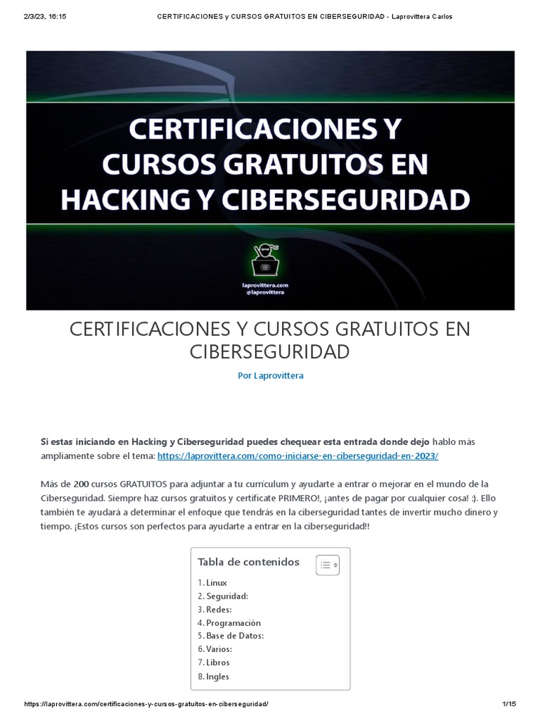 CERTIFICACIONES y CURSOS GRATUITOS EN CIBERSEGURIDAD - Laprovittera Carlos PDF | PDF ...